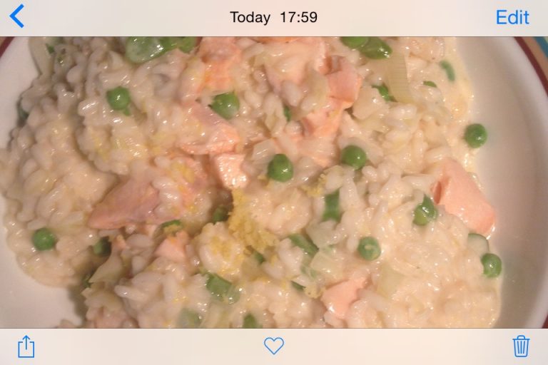 Broccoli stem , leek and pea risotto with flaked salmon and lemon ...